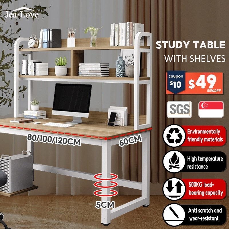 Study Table with shelves Computer Desk Office Table Walnut/Black/White ...
