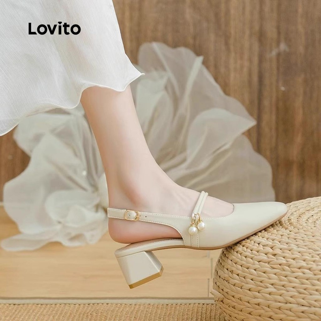 Lovito Casual Plain Toe Cap Sandals French Pearls Slling Back Pointed ...