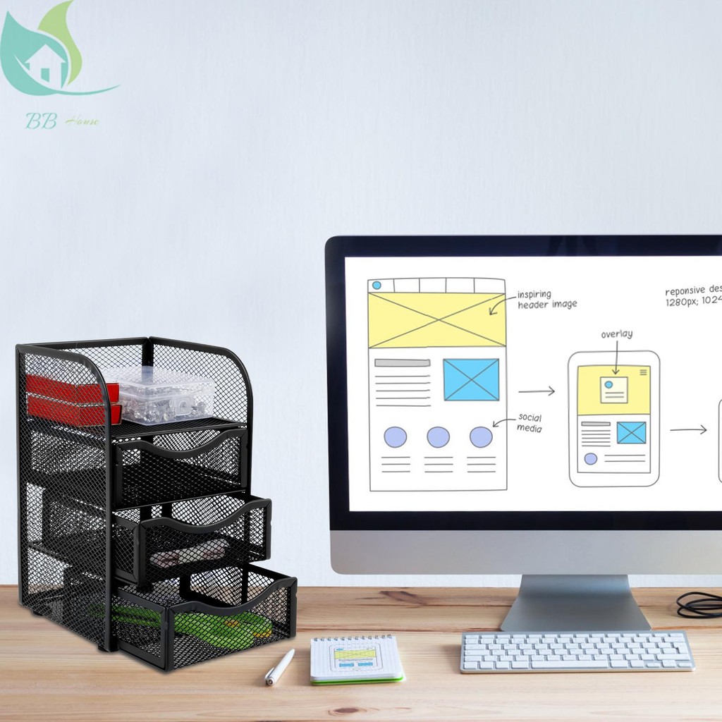 Mesh Desk Organizer 4 Layer Mesh Desktop Organizer with Drawer Non Slip ...