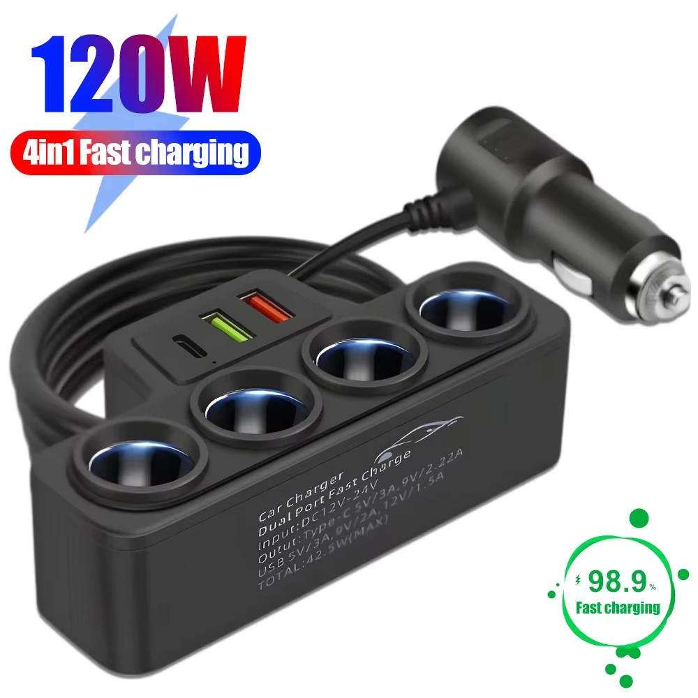 120W Car Cigarette Lighter 4 Port 12V/24V Socket USB QC3.0 PD3.1A Car ...