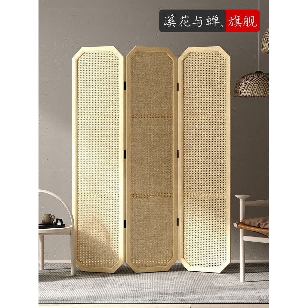 Solid Wood Screen Partition for Living Room, Mobile Folding Rattan ...