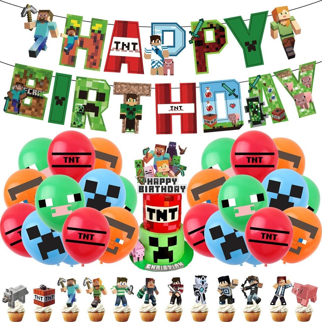 sg Minecraft Game Theme Birthday Party Supplies Pixel Creeper Flag ...