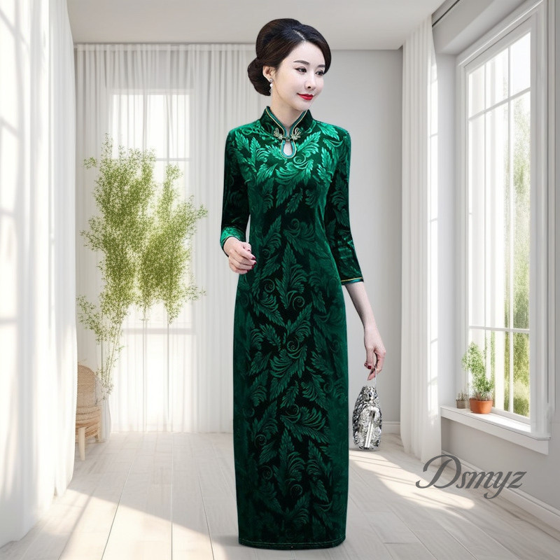 Pleuche Cheongsam Dress Woman Plus Size 3/4 Sleeve Eleangt Chinese ...