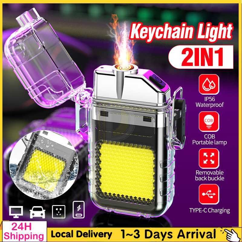 🔥Keychain Light COB 2 in1 Flashlights Lighter Rechargeable Mini Lampu ...