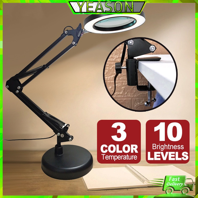 10X Magnifying Glass Desk Lamp Magnifier LED Light Foldable with Three ...
