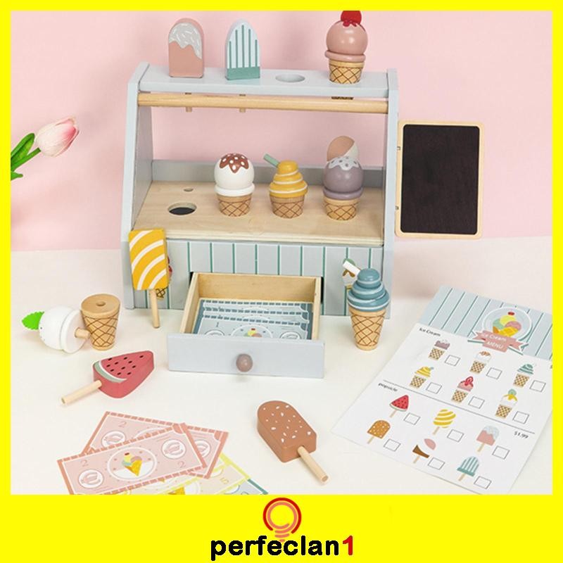 [Perfeclan1] Wooden Ice Cream Counter Playset Pretend Learning Activity ...