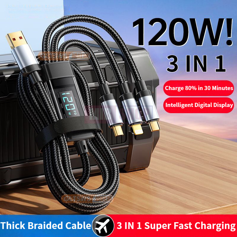 120W 3 in 1 Digital display Fast Charging Cable for Samsung Type C ...