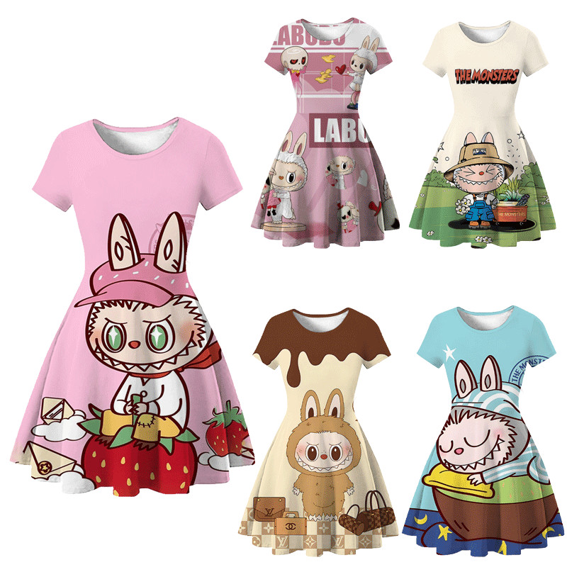 Cute Labubu Dress for Kids Girl 2-12 Years Old Cartoon Printed Princess ...