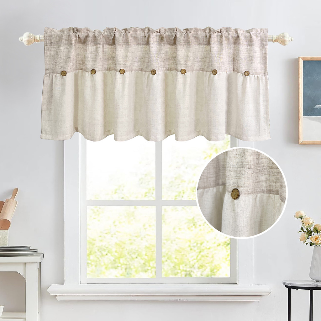 Linen Button Farmhouse Valance Rustic Kitchen Short Curtain for Windows ...
