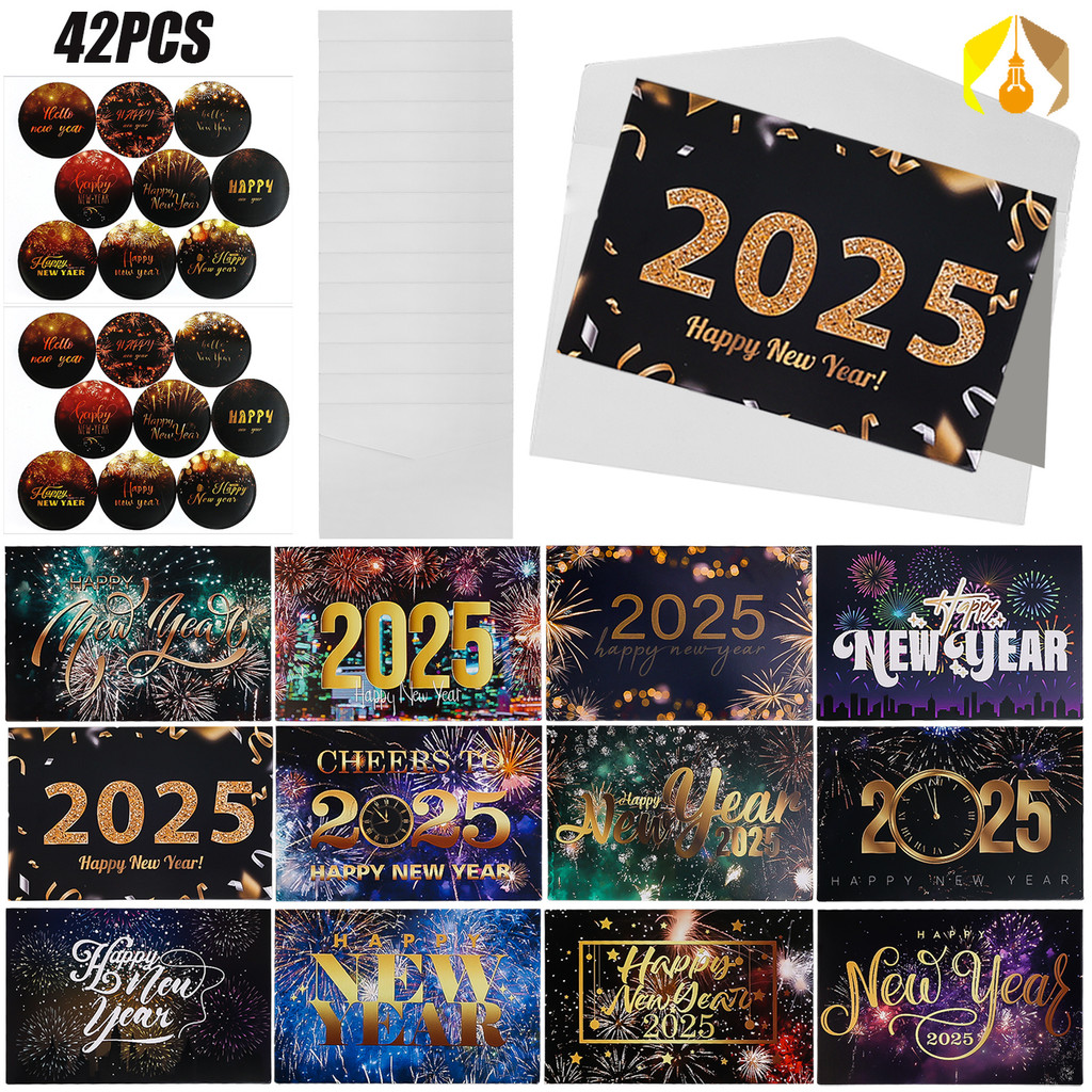 Joyful 2025 Colorful Fireworks Card Sticker Set - Creative Black Gold ...