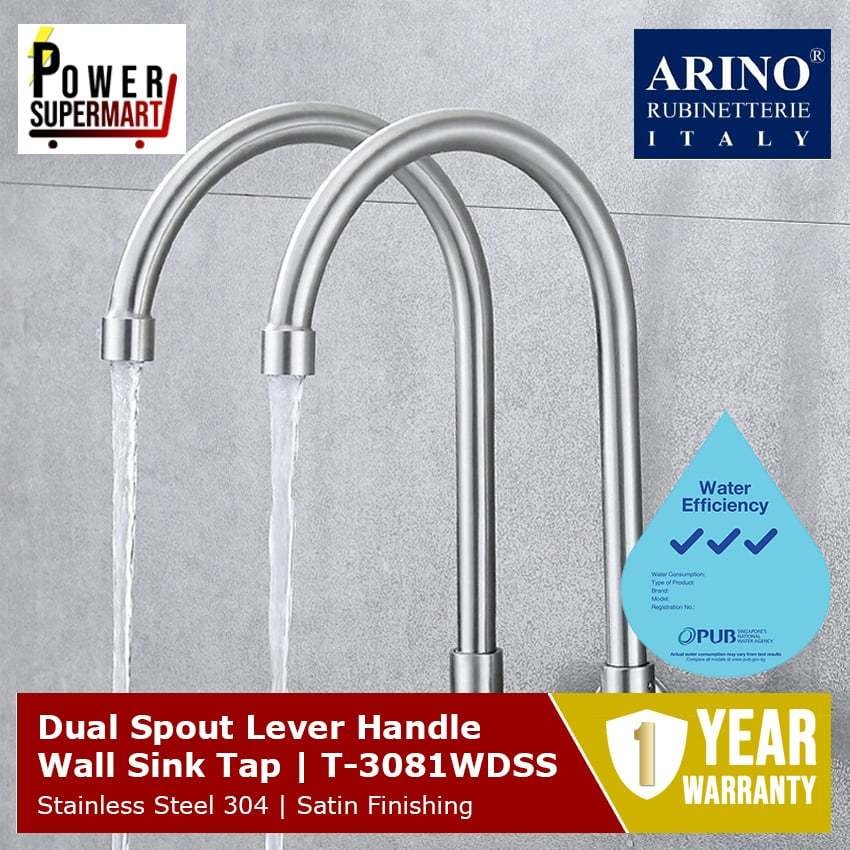 Arino T-3081WDSS | Dual Spout Lever Handle Wall Sink Tap | Stainless ...