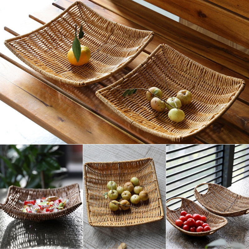 Retro Simple Rattan Basket Handwoven Fruit Tray White Handle Snacks ...