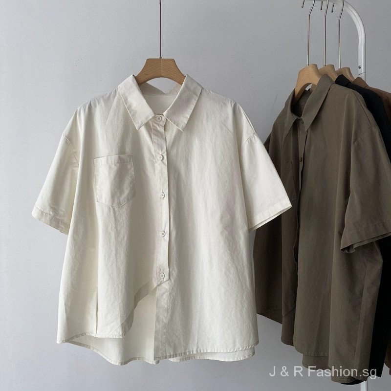 Irregular Design Cotton Shirt Women's Short-Sleeved Summer Short Front ...