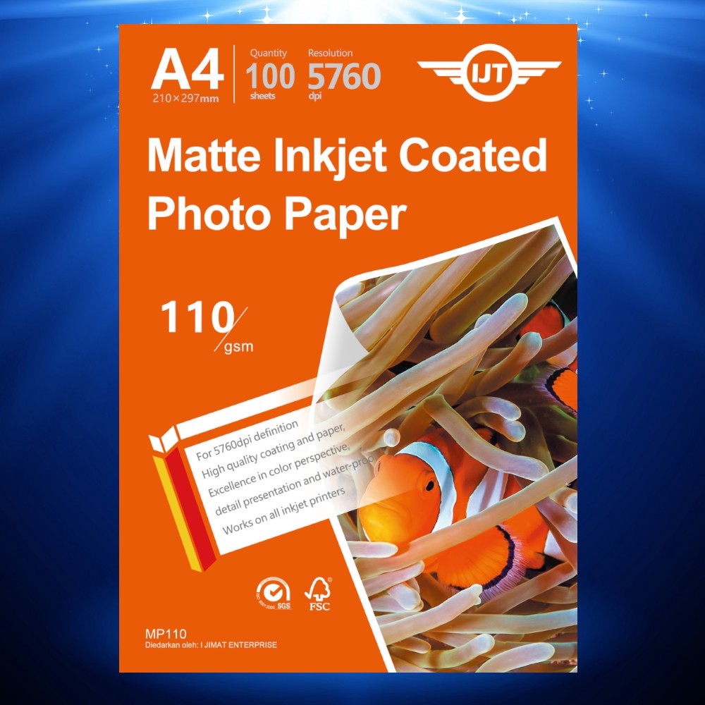 I jimat MP110 Matte Inkjet Matt Coated Photo Paper A4 Size 110g 110gsm 100Sheets 100's Inkjet ...