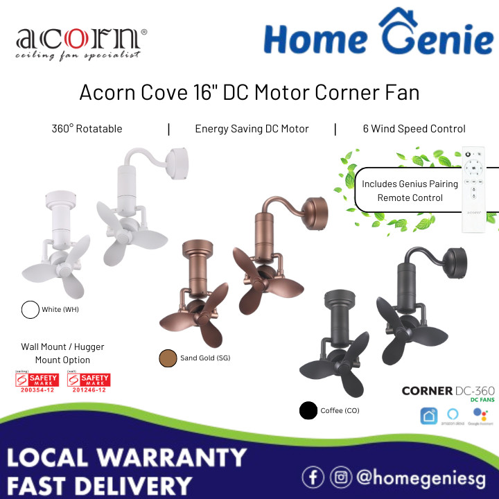 Acorn DC360 16" Smart Corner Fan with 360-Degree Oscillation + Remote ...