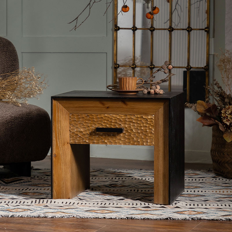 Wabi-Sabi Style Solid Wood Antique Bedside Table with Drawer Square ...