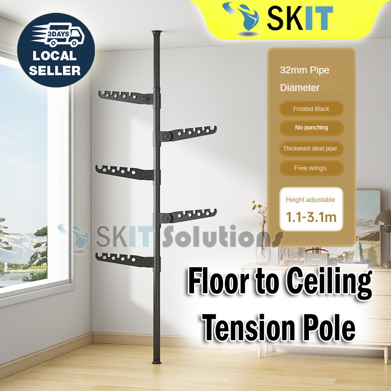 Adjustable Clothes Drying Rack Floor To Ceiling Tension Pole Rod Hanger ...