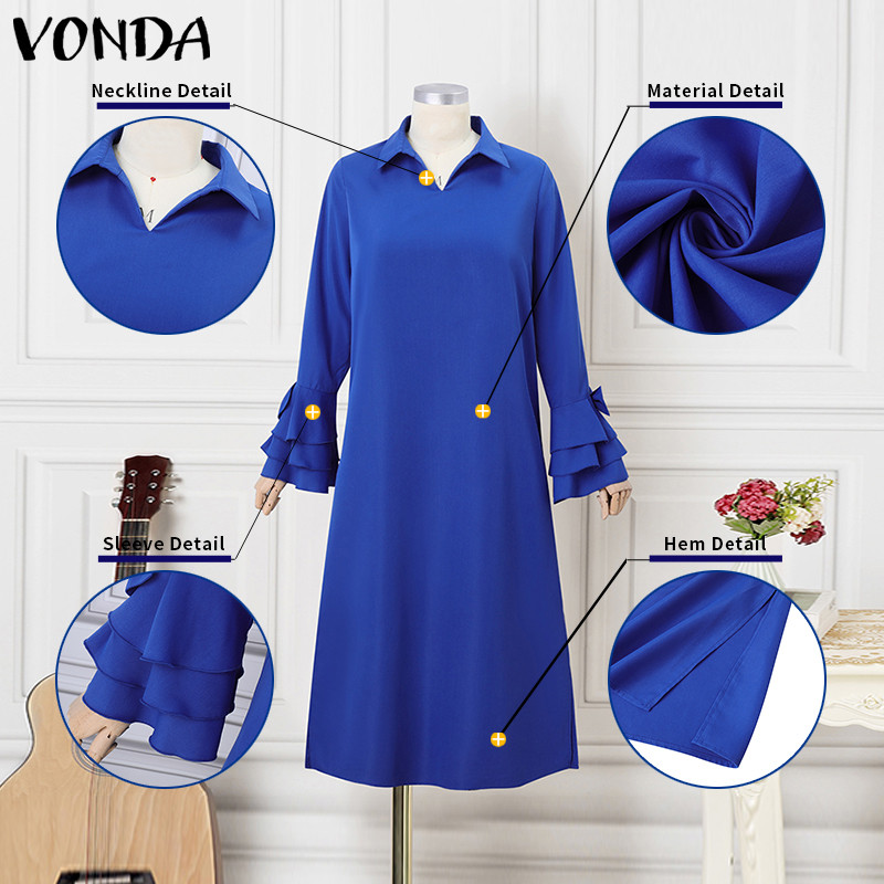 VONDA Women Vintage Fashion Lapel Ruffle Solid Color Calf-Length ...