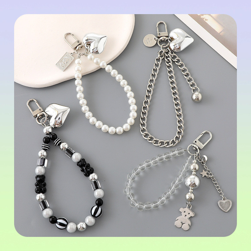Black and white beaded bear short mobile phone chain,handphone charm ...