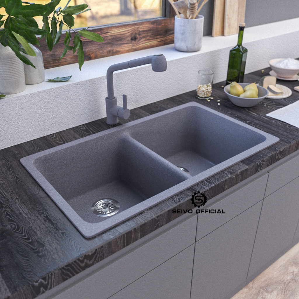 Granite Composite Kitchen Sink White Undermount Sink Double Bowl 50/50 ...