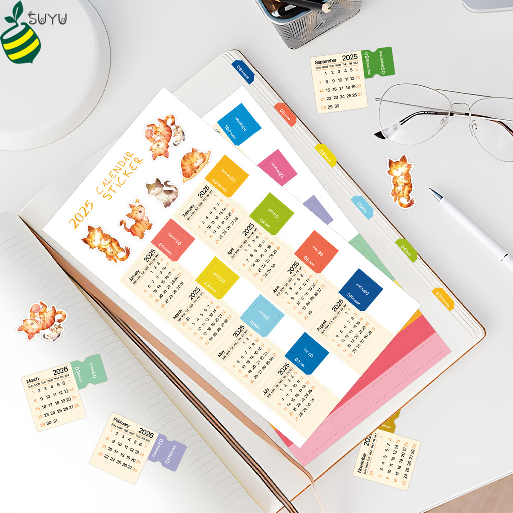 2025 Mini Calendar Stickers with Cute Cat Design,2 Sheets Monthly Index ...
