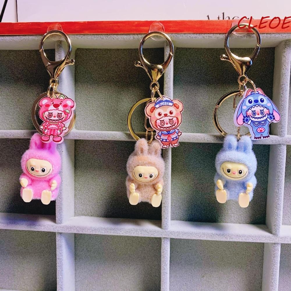 CLEOES Flocking Labubu Key Ring, Kawaii Silica Gel Sit Down Labubu ...