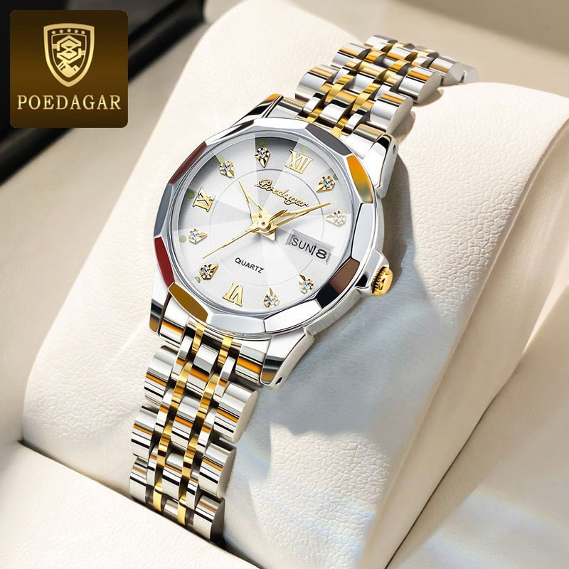 Poedagar Watch For Woman Waterproof Original Gold Blue Analog Relo ...