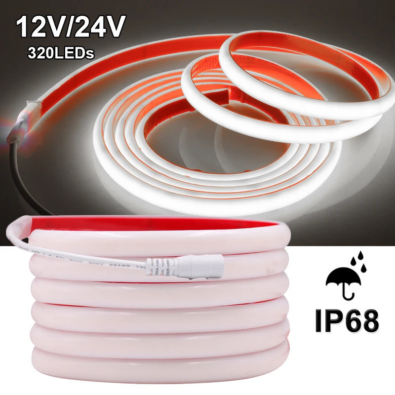 IP68 Waterproof COB LED Strip Neon Light 12V 24V 320Leds/m Flexible Ribbon Tape RA90 High ...