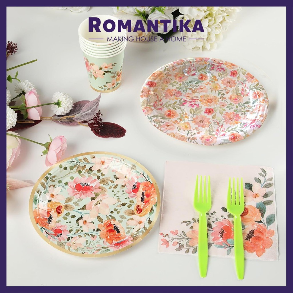 Romantika 10pcs Paper Plate & Cup Food Grade Flower Party Decor ...