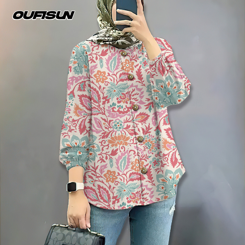 Women's Colorful Print Muslim Shirt Retro Elegant Elastic Cuffs Older ...