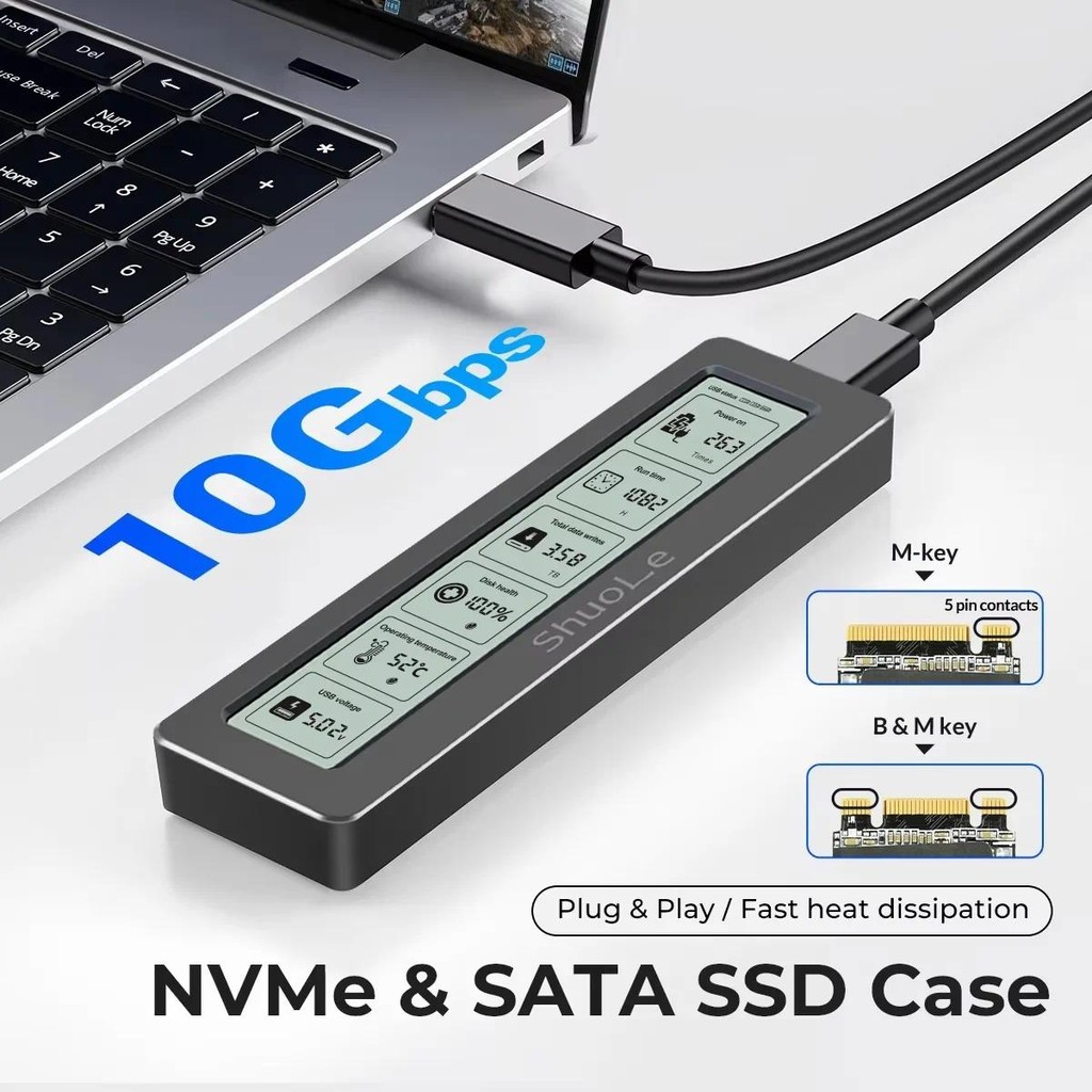M.2 NVME/NGFF Dual Protocol SSD Enclosure with Display Screen USB Type ...