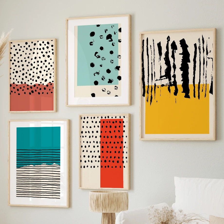 Mid Century Modern Color Blocks Line Posters Canvas Painting Wall Art ...