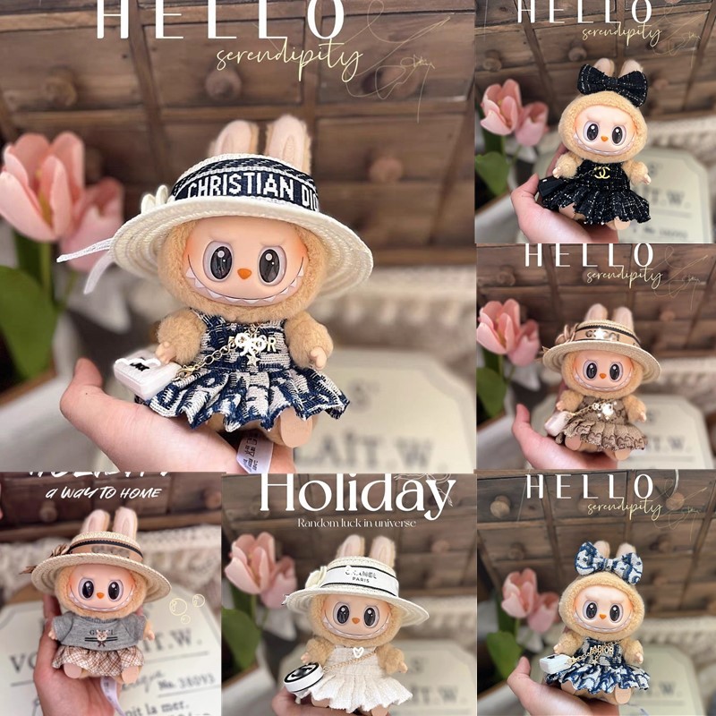 For 15 Cm Labubu Clothes Outfit Labubu Sitting Party Dior Dress Set ...
