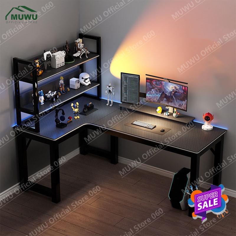MUWU Corner L Shape Computer Table Organizer Gaming Table Carbon Fibre ...