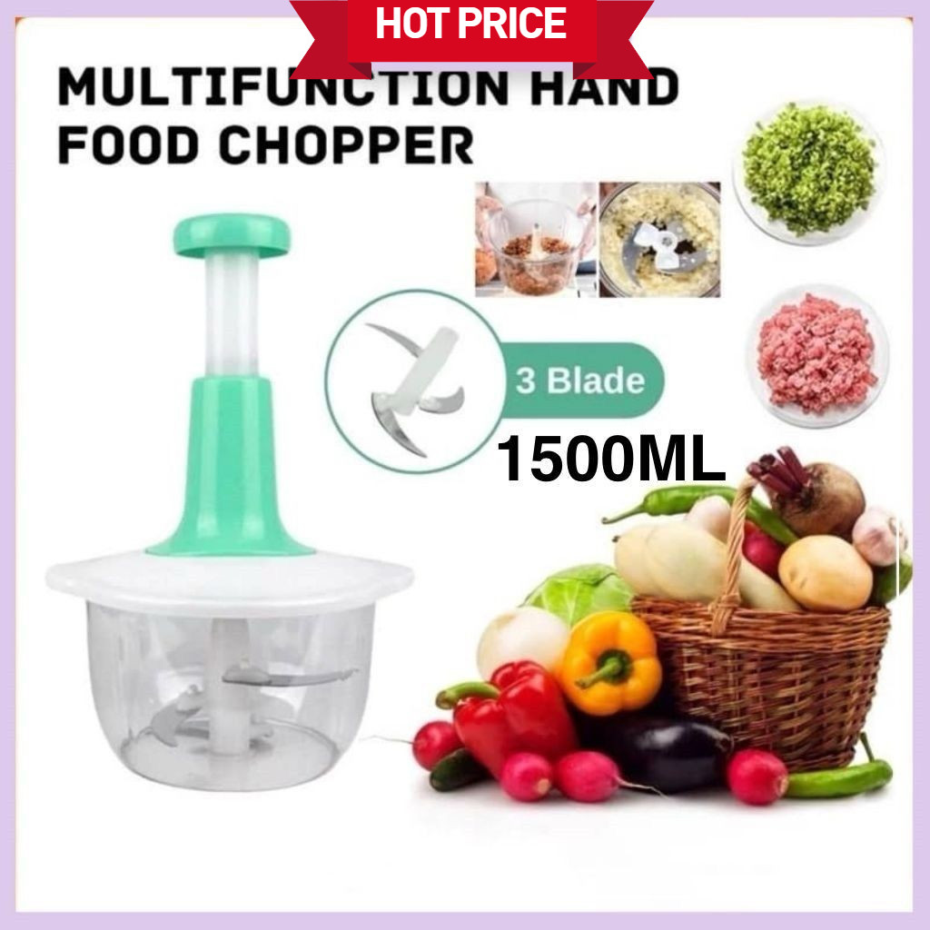 Hand Press Push Food Processor Chopper 1500ML Chopping Fruits Vegetable ...