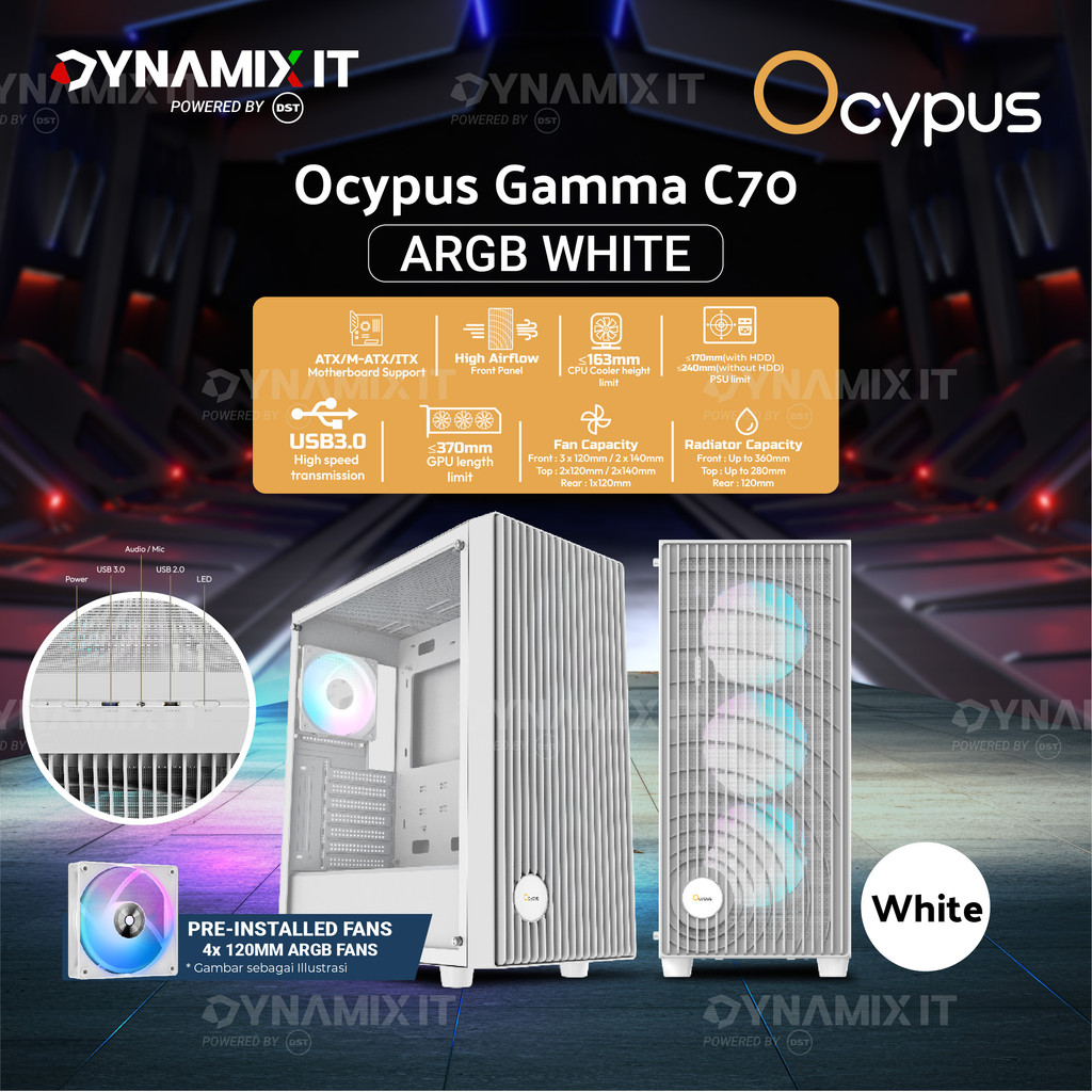 Ocypus GAMMA C70 ARGB-4 ARGB Fan High-Airflow Front Panel and Mid Tower PC Case - White computer ...