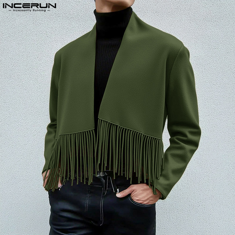 INCERUN Men Vintage Casual Splicing Tassel Long Sleeve Solid Color ...