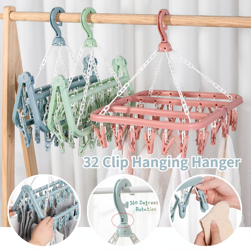 Foldable 32 Clip Hanging Hanger Windproof Plastic Socks' Clip Drying ...