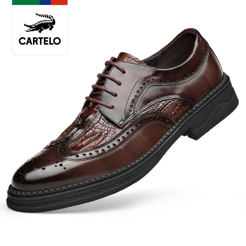 Cartelo Crocodile Brogue Leather Shoes Men's British Business Dress Thick Sole Increased Carved ...