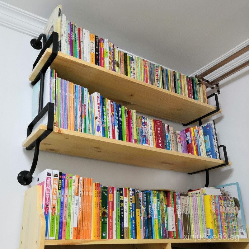 Solid Wood Bookshelf Iron Wall-Mounted Storage Rack Wall-Mounted ...