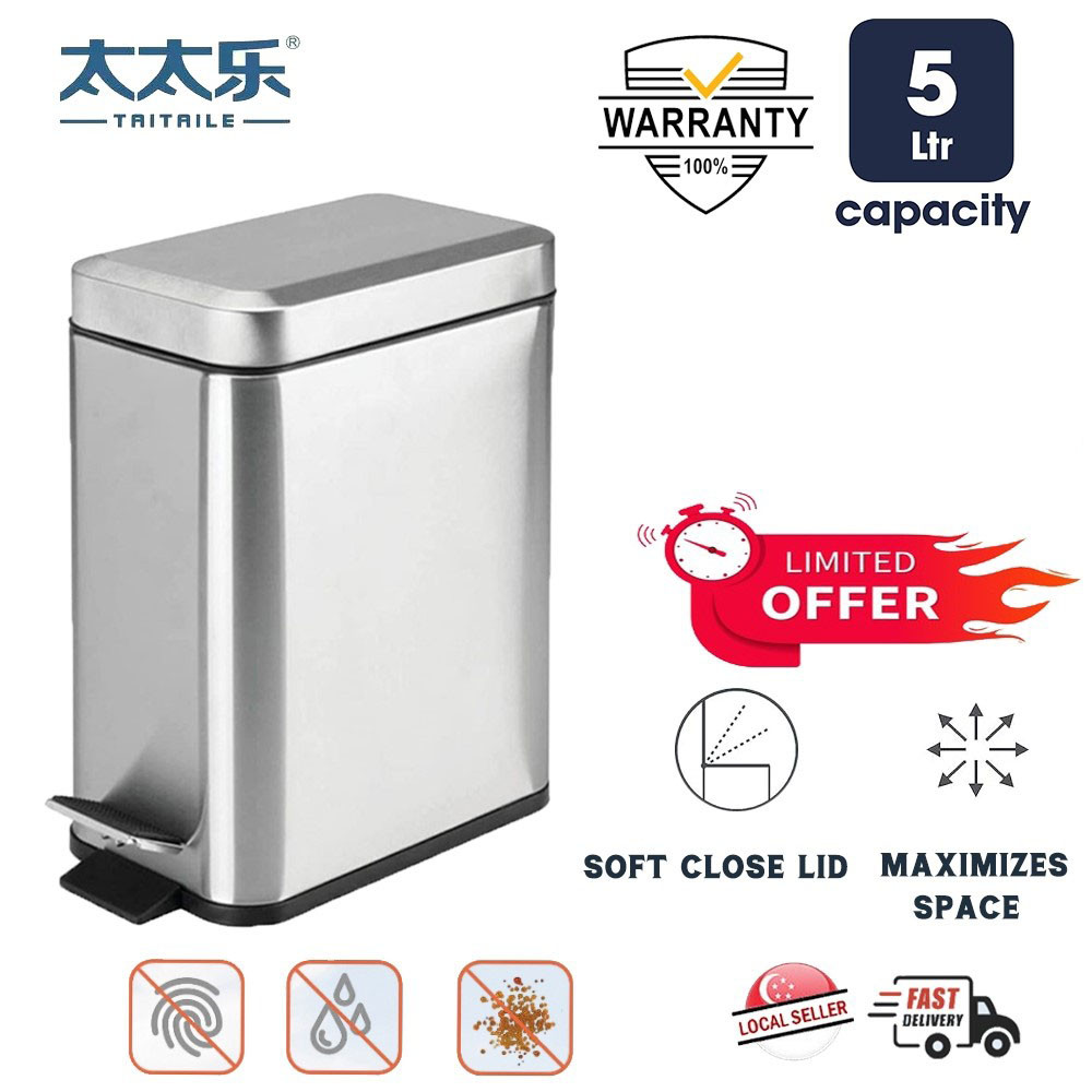 【SG Stock】5L Stainless Steel Soft Closing Trash Can Dustbin with Foot ...