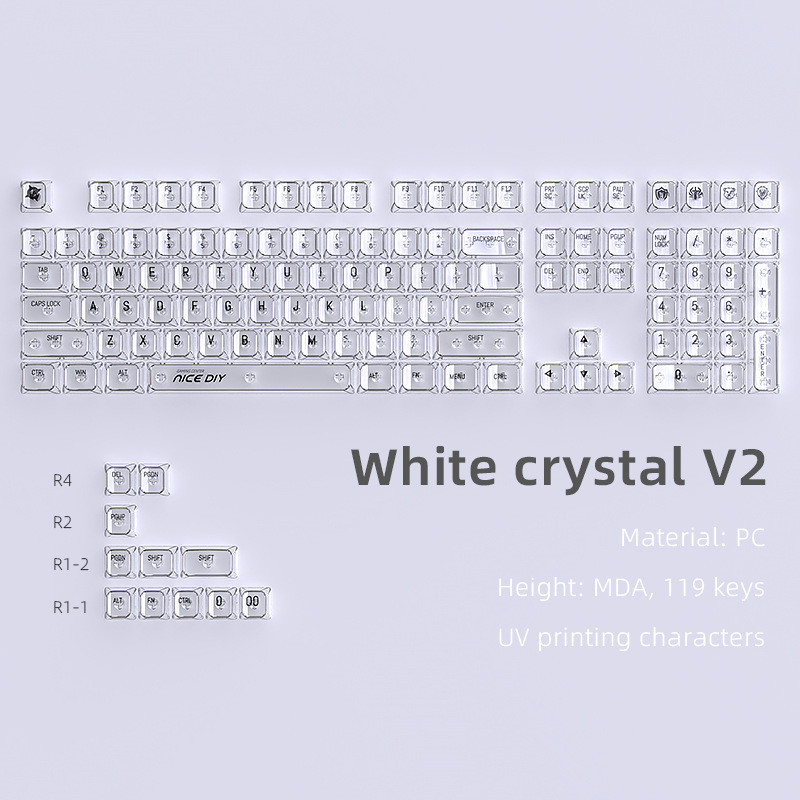 MDA Profile Transparent Crystal PC Keycaps 119 Keys UV Printing White ...