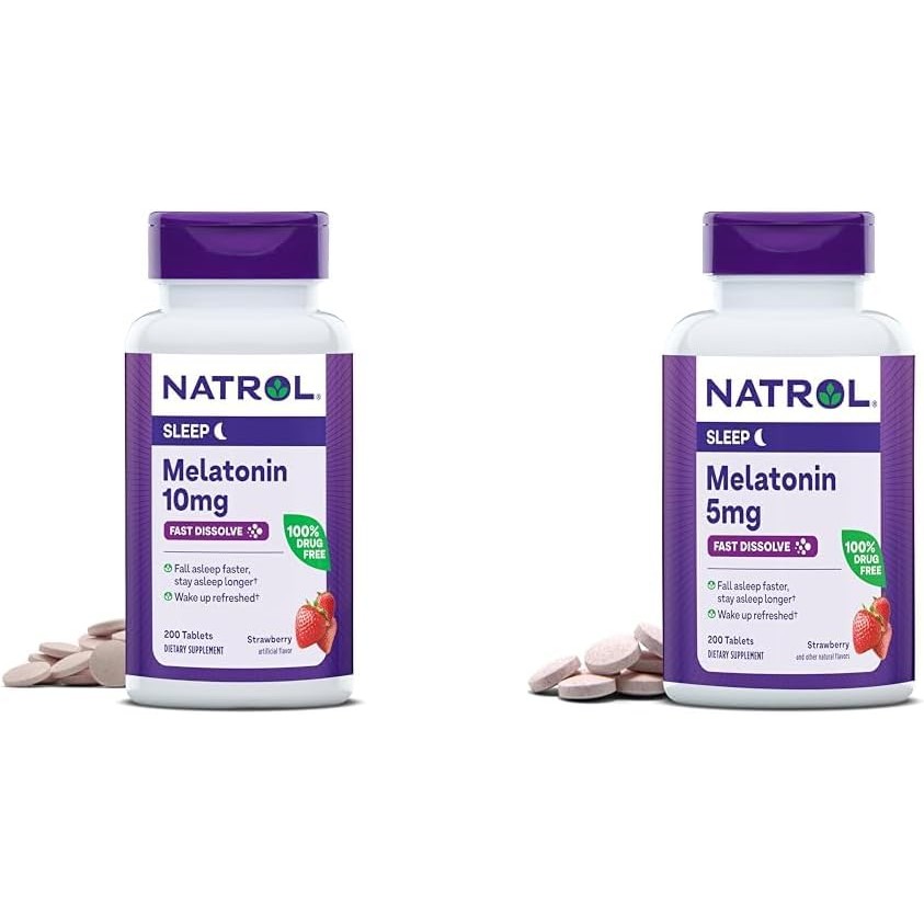 Natrol Melatonin 10mg 200 Tablets & 5mg 200 Tablets Strawberry-Flavored Fast-Dissolve Sleep ...
