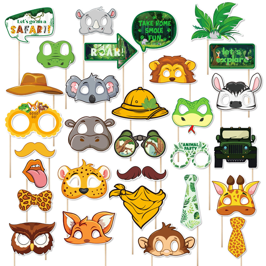 30 Pcs Jungle Animals Decorations Photo Booth Props Animals Theme Lion ...