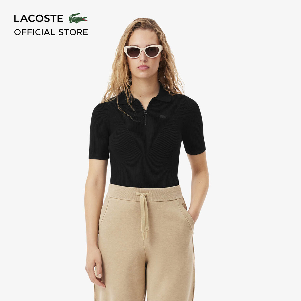 Lacoste Zip Neck Rib Knit Polo Shirt (Black) | Shopee Singapore
