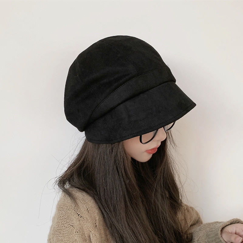 Octagonal Hat Pile Black Retro Beret Big Head Circumference Autumn ...