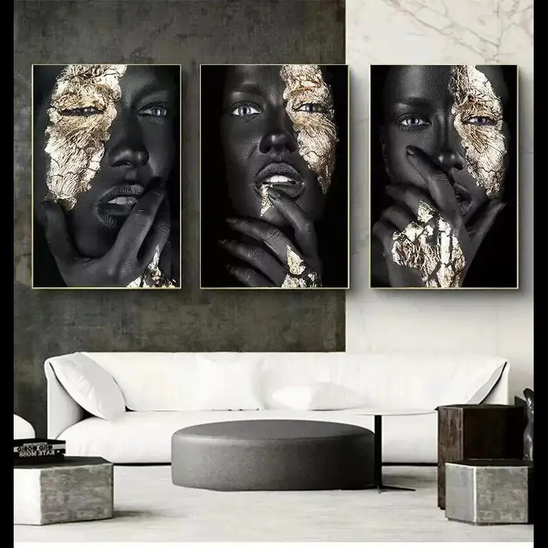 Elegant African art black and gold woman oil painting on canvas Scandinavian wall art prints for ...