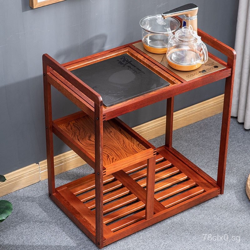 Solid Wood Tea Cart Mobile Household Small Tea Table Black Gold Stone ...