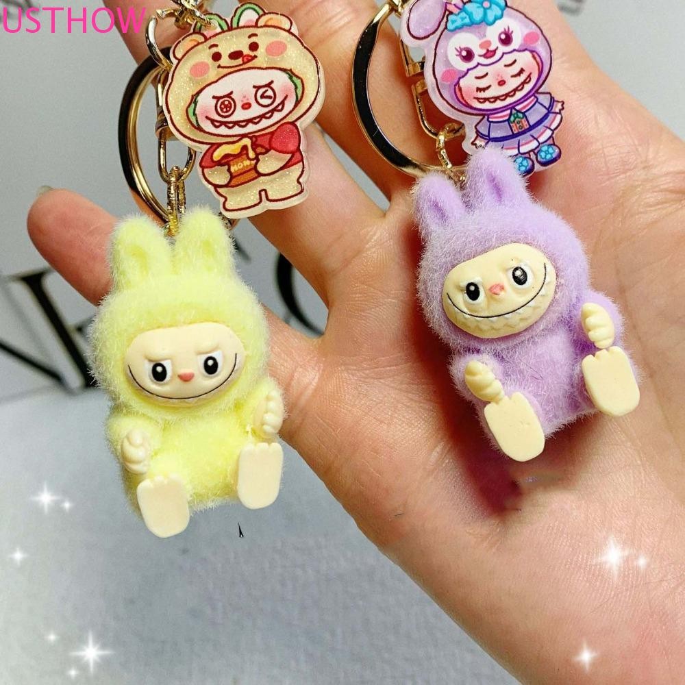 USTHOW Flocking Labubu Key Ring, Kawaii Silica Gel Sit Down Labubu ...
