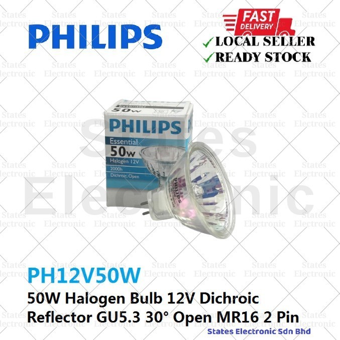 PHILIPS Essential 50W Halogen Bulb 12V Dichroic Reflector GU5.3 30 Open ...